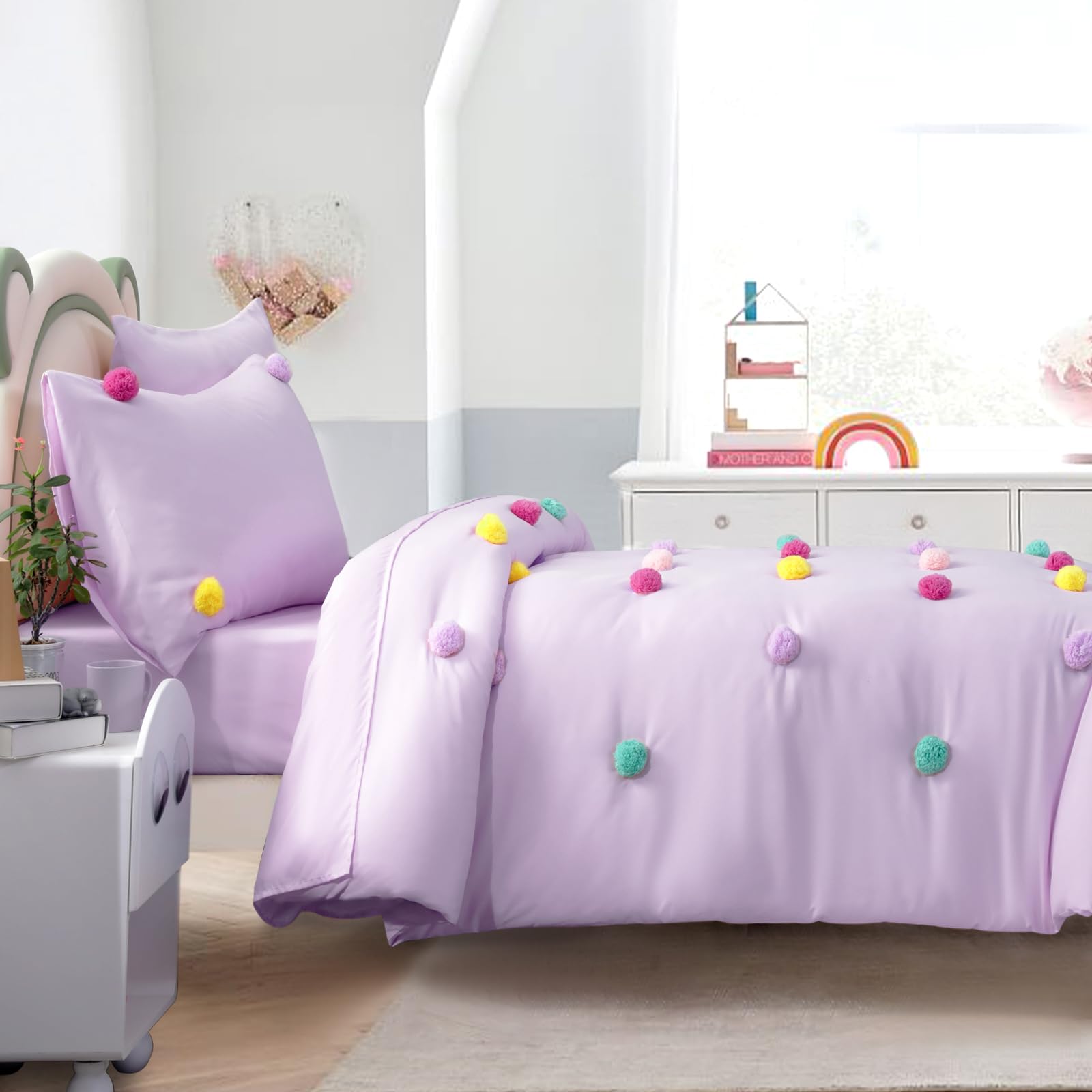 HOMBYS Pom Poms Bedding Comforter Set for Girls, 5 Piece Purple Boho Kids Comforter Set for All Season,Twin/Twin XL Size
