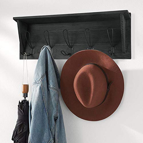 Flexzion Wall Shelf with Hooks, Wall Coat Rack with Double Loop Hooks, 24-Inch Vintage Black Entryway Shelf with Coat Hooks Wall Mounted Rustic Farmhouse Wood Floating Shelves with Coat Hanger