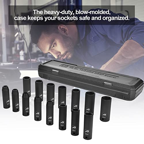 AAIN 15-Piece 1/2 Inch Drive Metric Deep Impact Socket Set,6-Point,10mm to 24mm 1/2 Socket Set, A029