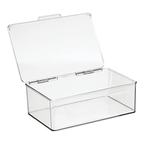 mDesign Plastic Household Storage Bin Box Organizer Container with Hinge Lid for Kitchen, Office, Bathroom, Bedroom, Hold Food, Snacks, Makeup, Toys, Work Supplies, Accessories - Clear