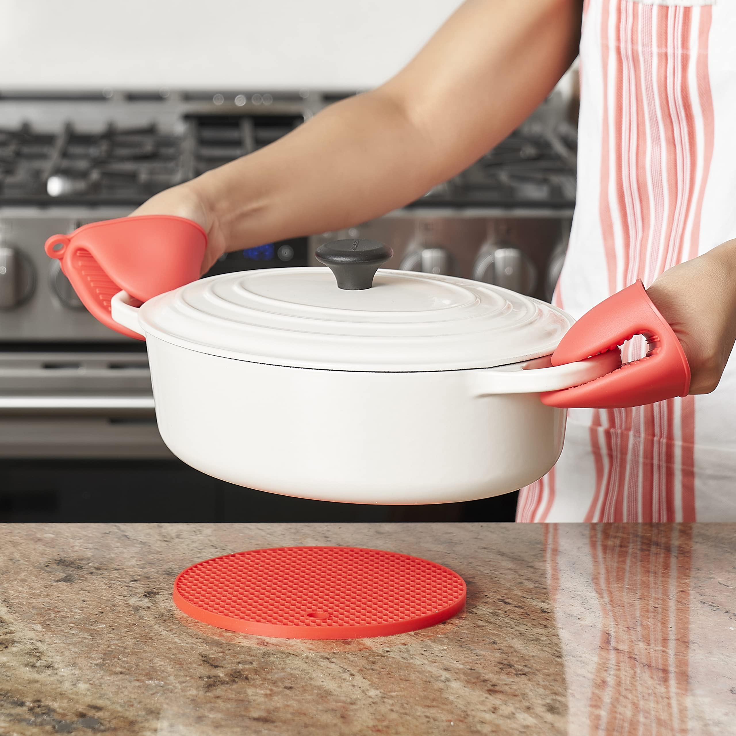 3hproducts Extra Thick Non-Slip Silicone Trivet Mats – 2Pcs Heat Resistant Hot Pads for Kitchen Counters, Hot Dishes, Tables, Pots & Pans | Multipurpose Drying Rack, Jar Opener - Red