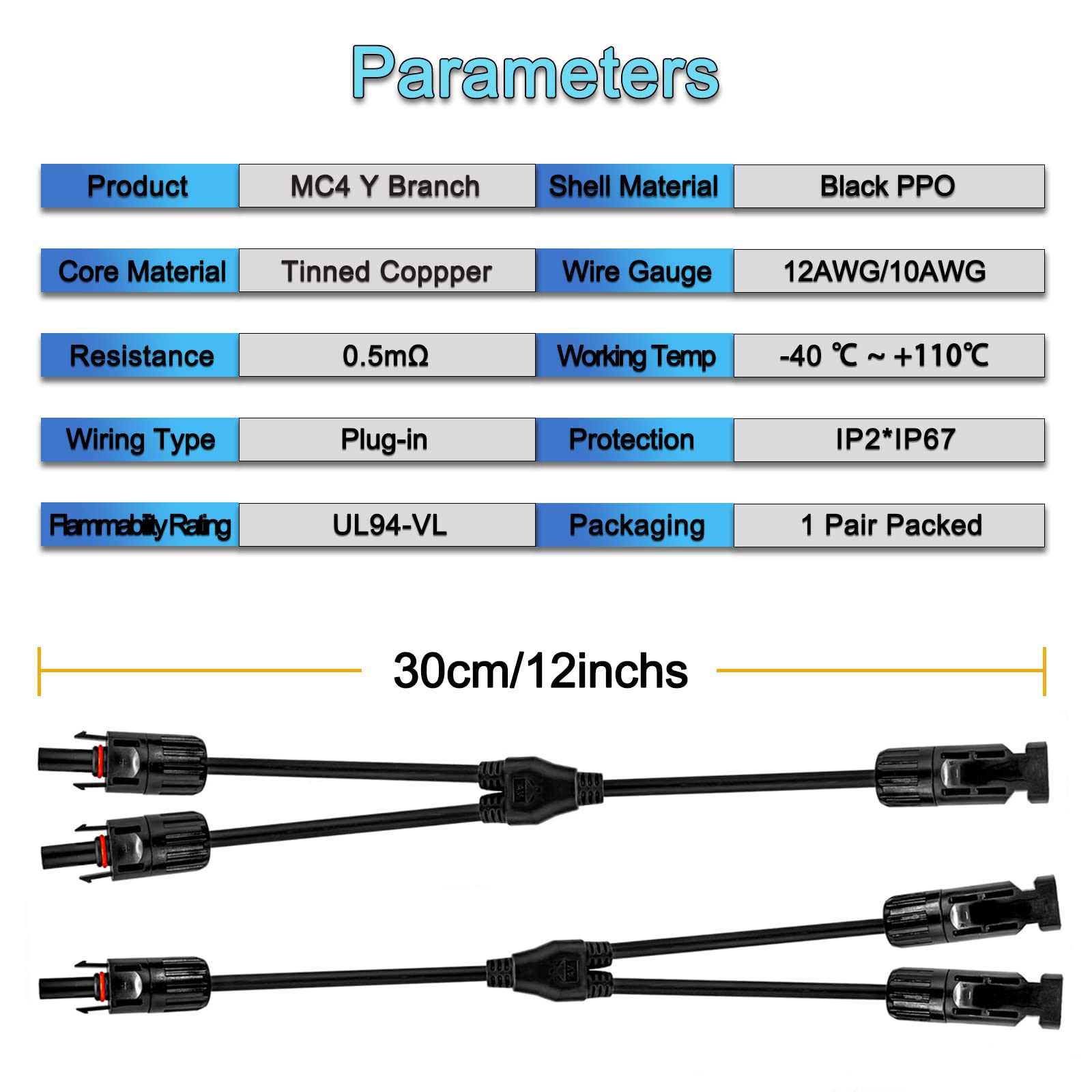 AAKL Solar Extension Cable Y Branch Solar PV Connector Parallel Adapter Cable Wire Plug Tool Kit Female Male for Home Rooftop RV Solar PV Panel Extend (1 Pair F/MMMM & M/FFFF)