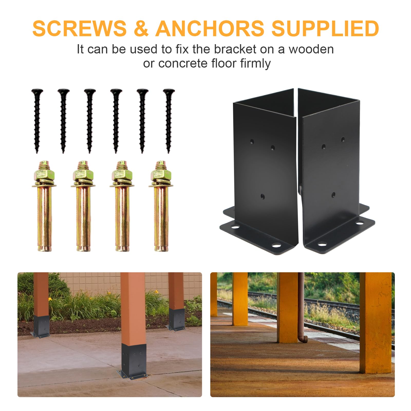 4x4 Post Base 4 Pcs, (Inner Size 3.6x3.6) Post Anchors, 13GA Thick Solid Steel & Black Powder Coated,Deck Post Brackets Support Deck Base Plate Pergola Brackets Fence Kit Mailbox Mount