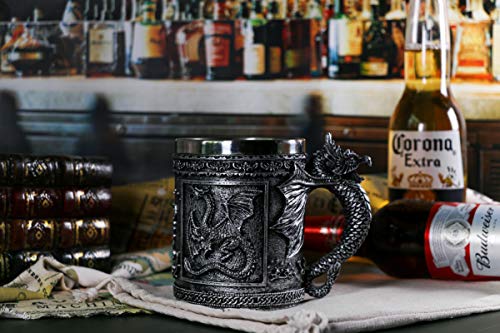 Medieval Roaring Dragon Mug - Dungeons and Dragons Beer Stein Tankard Drink Cup - 14oz Stainless Coffee Mug for GOT Dragon Lovers Collector - Ideal Novelty Gothic Father Day Gift Party Decoration