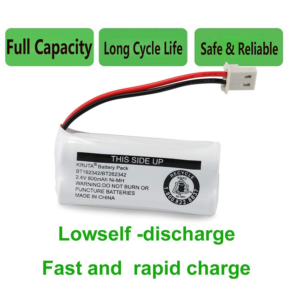 Kruta BT162342/BT262342 2.4V 800mAh Ni-MH Cordless Phone Battery Pack, Also Compatible with BT183342/BT283342 AT&T EL52351 TL90070 VTech CS5119 DS6511 DS6722 LS6305 Handset, 2-Pack