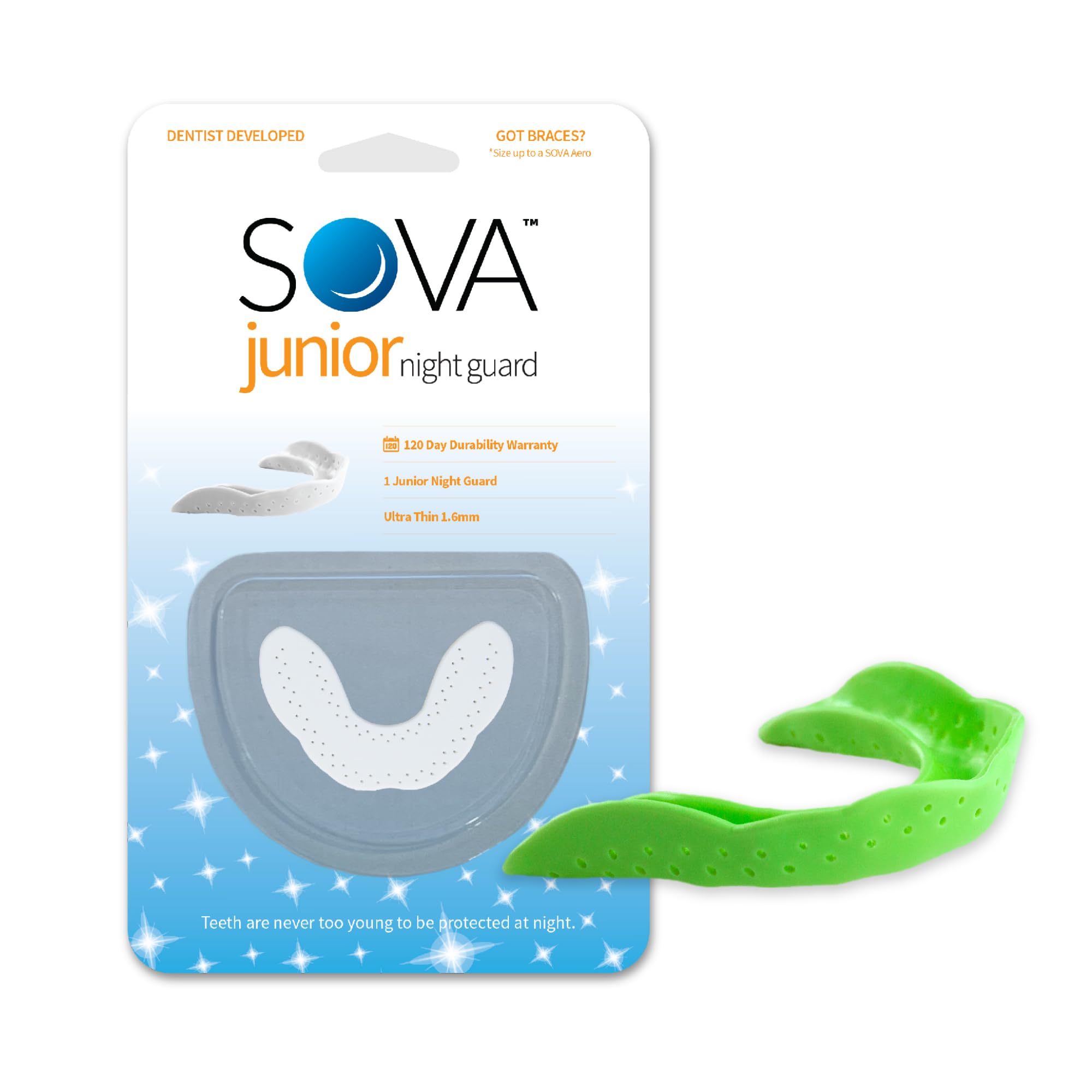 SOVA Junior Night Guard, Spring Green - 1.6mm Thin - Custom-Molded Fit - Protects Against Nighttime Teeth Grinding & Clenching - FSA/HSA Eligible - Odor & Taste Free - Remoldable Up to 20 Times