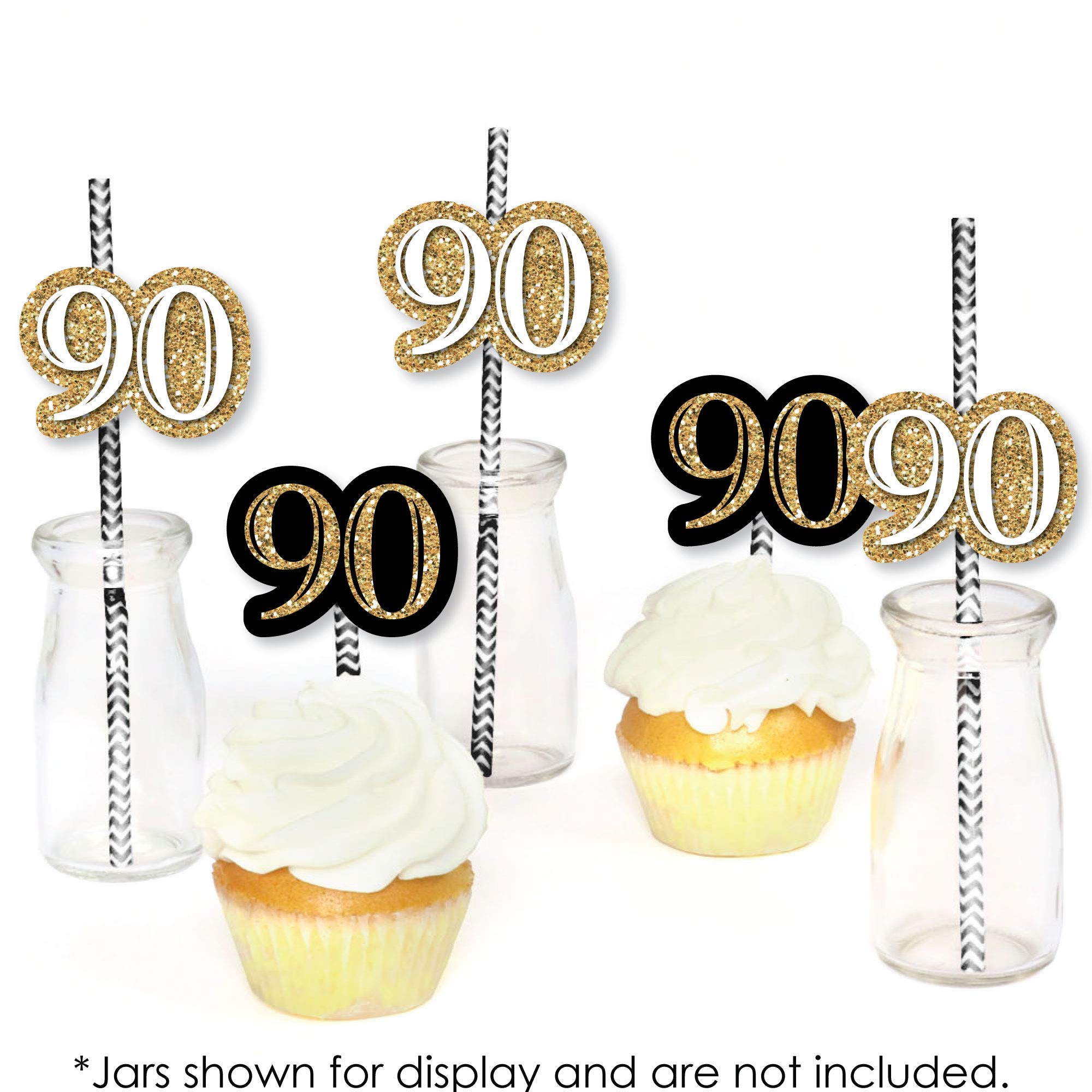 Adult 90th Birthday - Gold - Paper Straw Decor - Birthday Party Striped Decorative Straws - Set of 24