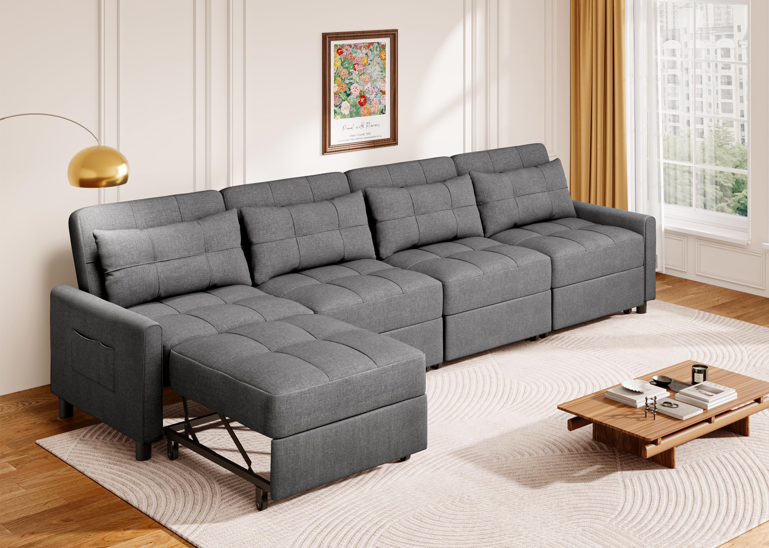 Aiho Pull Out Couch - 4-Seater Sectional Sleeper Sofa, Convertible with Adjustable Backrest & Spring Support for Living Room, Dark Grey