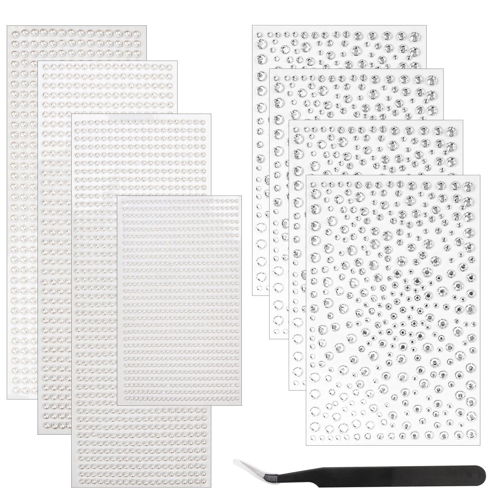 8 Sheets 4100 PCS White Pearl Rhinestone Stickers,3D Self Adhesive Face Gems Stick on Hair Eyes Face Body Makeup Flat Pearl Eyeshadow Sticker Tattoo Gem Women Nail Art Decoration DIY Craft Rhinestones