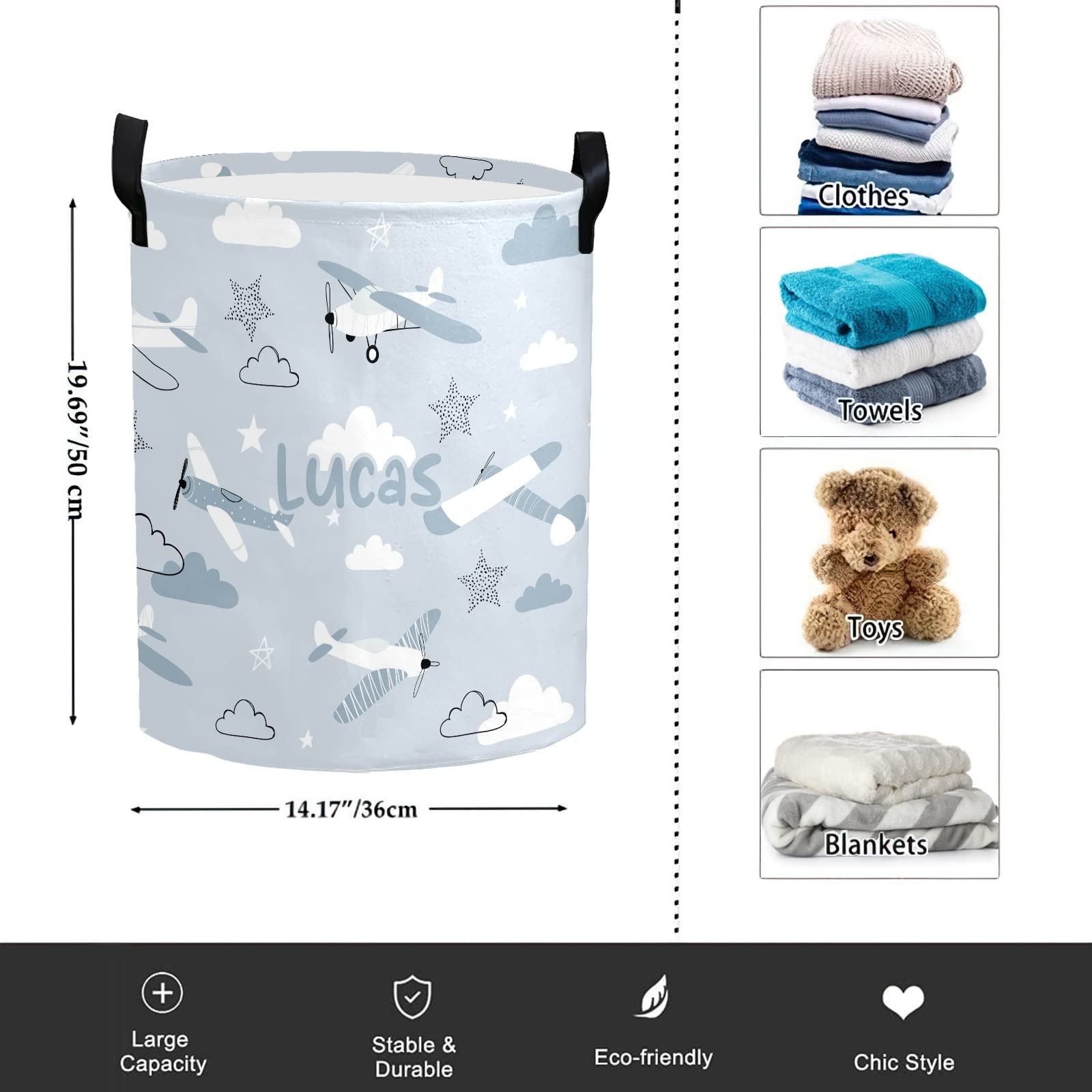 Airplane Blue Personalized Laundry Basket Hamper,Collapsible Storage Baskets with Handles for Room,Clothes, Nursery Decor