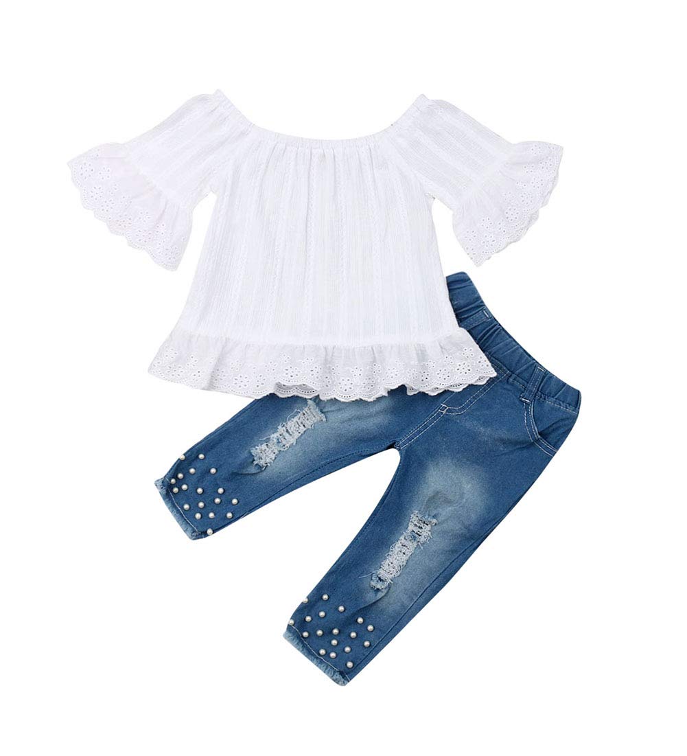 Madjtlqy Toddler Kids Clothing Baby Girls Vest Tank Top Ripped Denim Shorts Skirts Outfits Clothes Set (5-6 Years, White)
