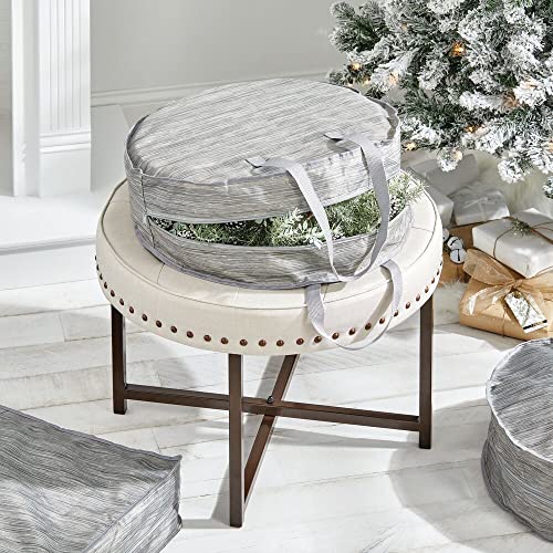 mDesign Round 19" Wreath Storage Container with Handles - Fabric Christmas Wreath Storage Bag and Protector - Garland Storage Bag Container - Holiday Decoration Organizer - 2 Pack, Striped Taupe/Tan