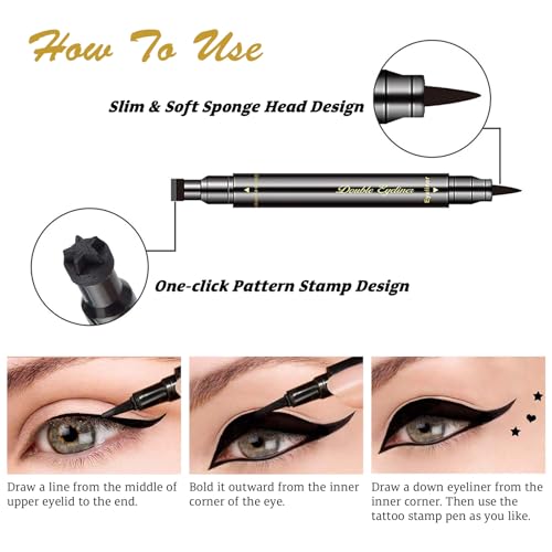 LOKFAR 6 Pcs Double-Side Liquid Eyeliner Stamp Pen Set, Eye Liners for Women Waterproof Eyeliner Pencil Black Eye-liner Stencils Long-Lasting Tattoo Makeup-Triangle,Star,Moon,Heart,Flower,Smiley