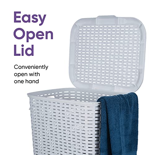 Superio Laundry Hamper with Lid 60 Liter Ivory (2 Pack) Plastic Wicker Large Hampers Basket with Cutout Handles, Deluxe Bin to Storage Dirty Cloths in Washroom Bathroom