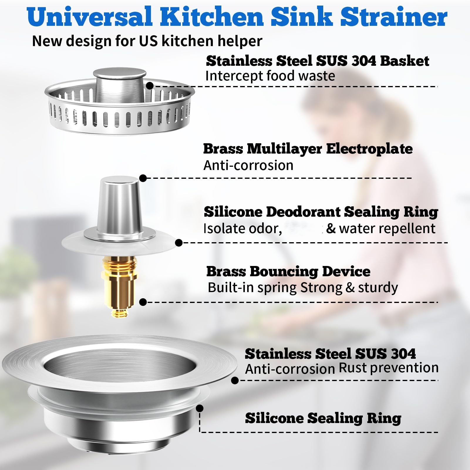 3 in 1 Kitchen Sink Drain Strainer Stopper, Brushed Stainless Steel SUS 304 Pop Up Sink Drain Stopper for Standard 3-1/2 Inch Drain Anti-Clogging Odor Prevention