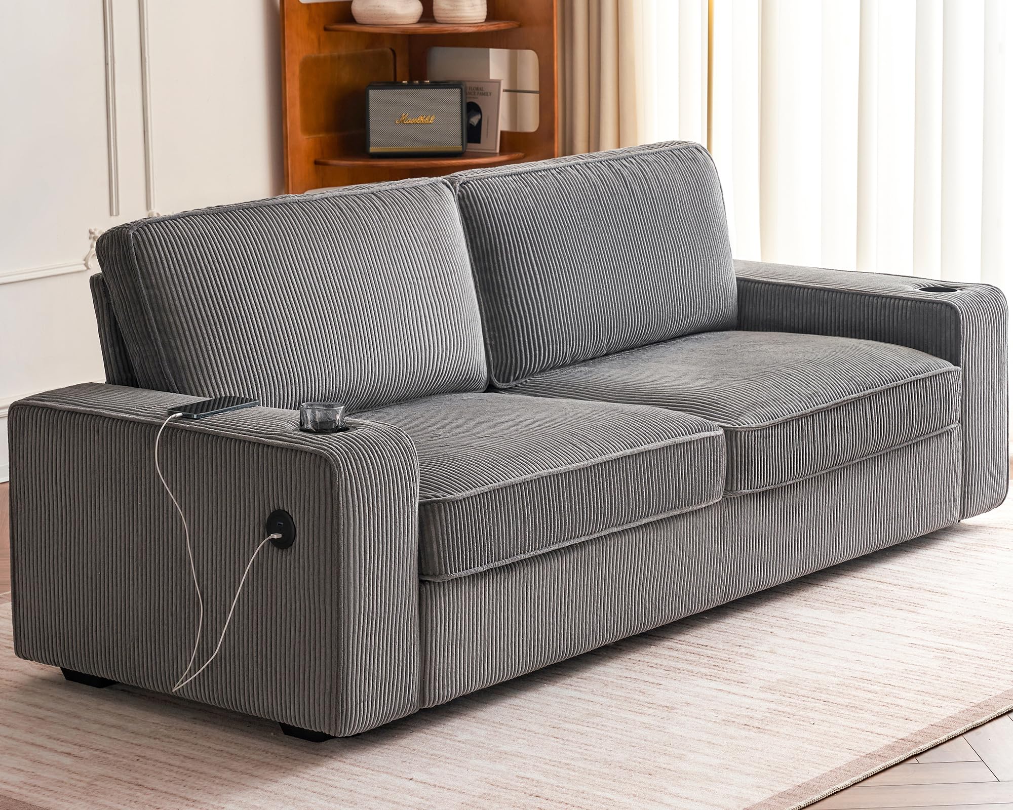AMERLIFE Couch, 89 inch Sofa Couch- Deep Seat Sofa with 2 USB Charging Ports & 2 Cup Holders, 3 Seater Couch with Grey Corduroy, Modern Sofas for Living Room