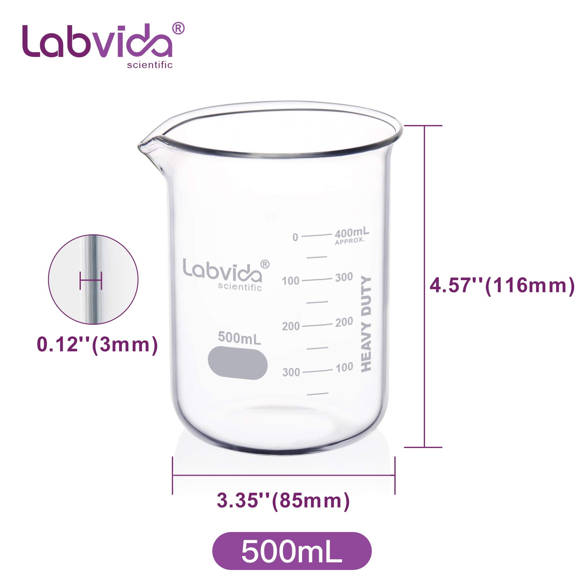 Labvida 4pcs 500ml Upgrated Thick Glass Beakers, Griffin Low Form Beaker Set with Double Scale, 3.3 Boro, LVA012