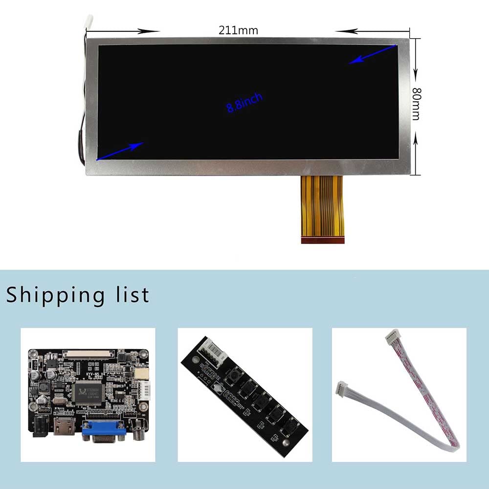 VSDISPLAY 8.8" 8.8 Inch 1280x480 LCD Screen CLAA088WA01 XN with HD-MI VGA AV LCD Controller Board KYV-N5 V4