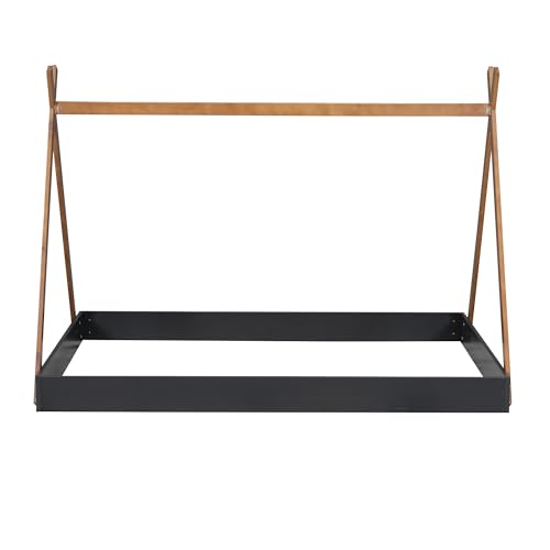 DEYOBED Full Size Tent Triangle Structure, Solid Wood Floor Bed Frame for Kids Boys Girls, No Box Spring Needed, Black+Brown