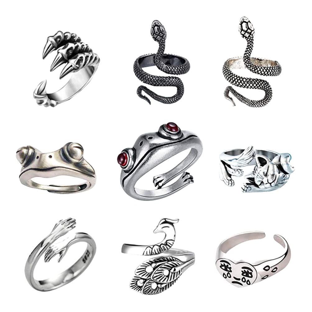 8-15 Pcs Vintage Open Punk Rings Set Adjustable Gothic Rings Cool Stackable Animal Rings Bulk Chunky Knuckle Finger Rings Snake Frog Rings for Women Men