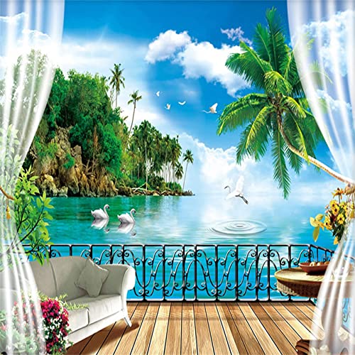 Window Landscape Wall Mural 3D Blue Sky Clouds Bird Peel and Stick Self-Adhesive Wallpaper Removable Sticker Home Decor Background Large Art Wall Painting 108"x 75"(W x H)