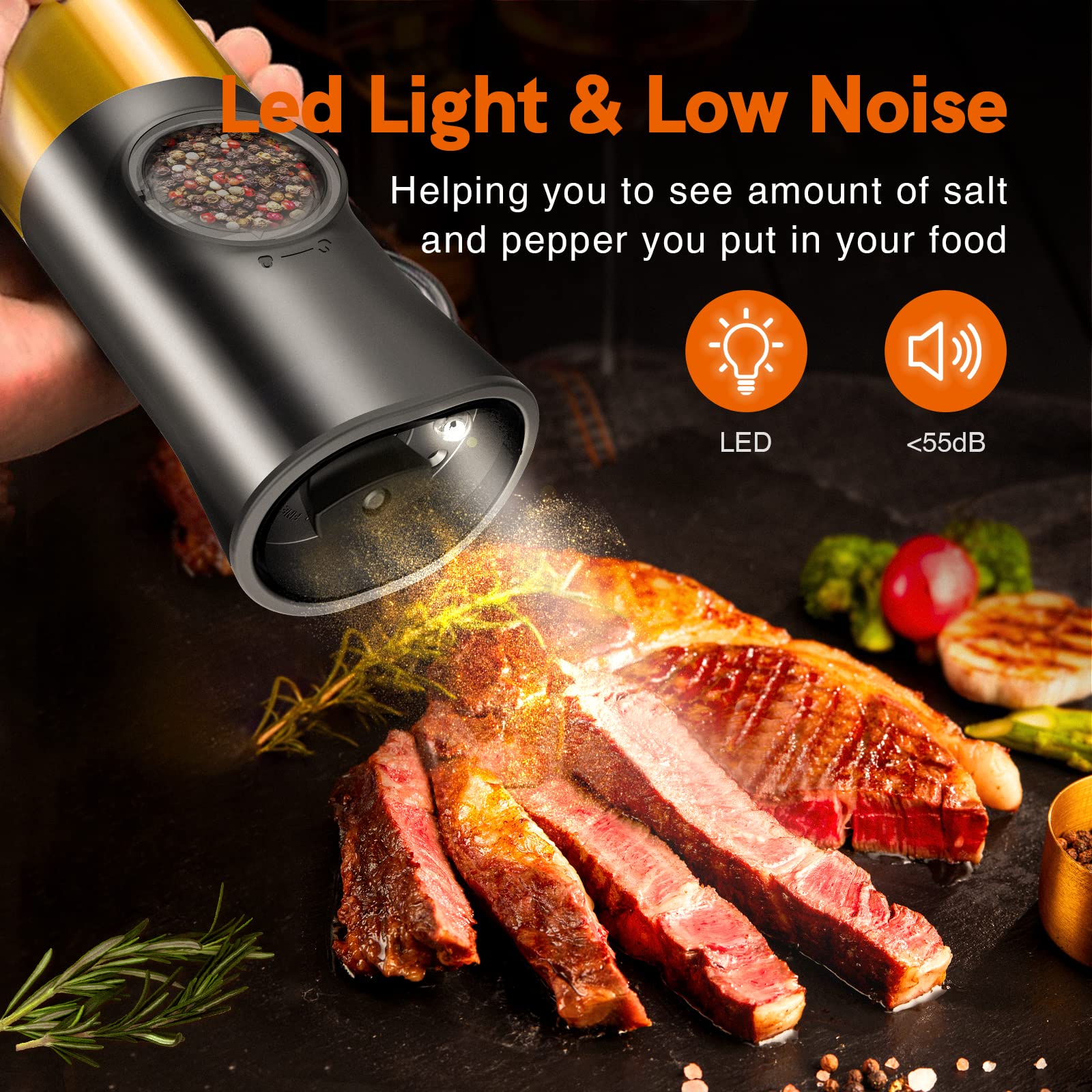 Gravity Electric Salt and Pepper Grinder Set - USB Rechargeable,Automatic Salt Pepper Mill with 5 Adjustable Coarseness, Ceramic Grinder with Bottom Cap, White LED Lights