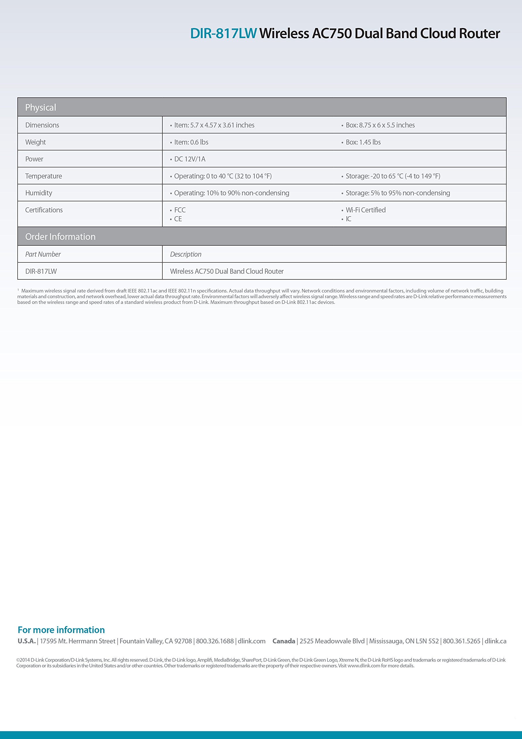 D-Link Wireless AC 750 Mbps Home Cloud App-Enabled Dual-Band Broadband Router (DIR-817LW)