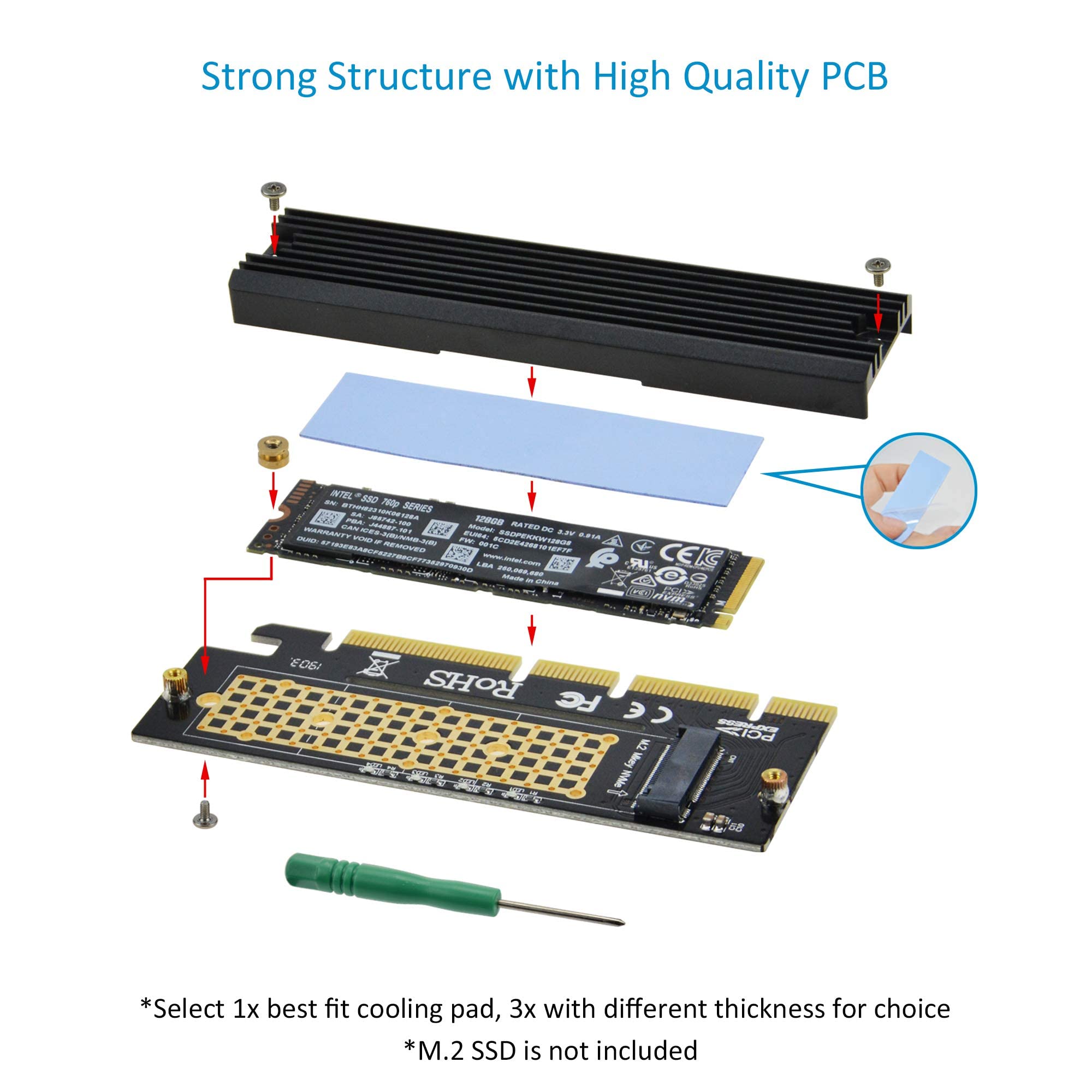 A ADWITS M.2 Key M NVME and AHCI SSD to PCIe 4X 8X 16x Adapter PCB, Compatible with Samsung 960 970 EVO PRO WD Black and More