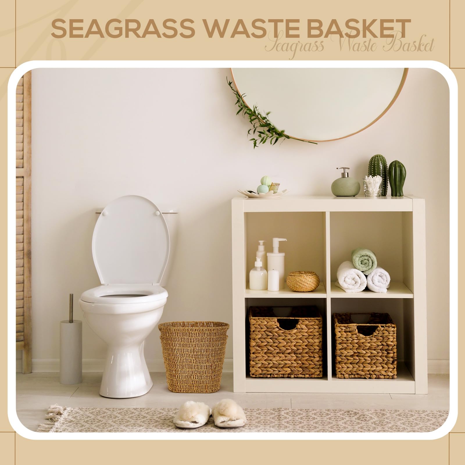 Hushee 2 Pcs Wicker Waste Basket Wicker Trash Basket with Built in Handles Boho Woven Trash Can Decorative Oval Trash Bin for Bedroom Essentials Bathroom Offices Home(Brown, Plastic Water Hyacinth)