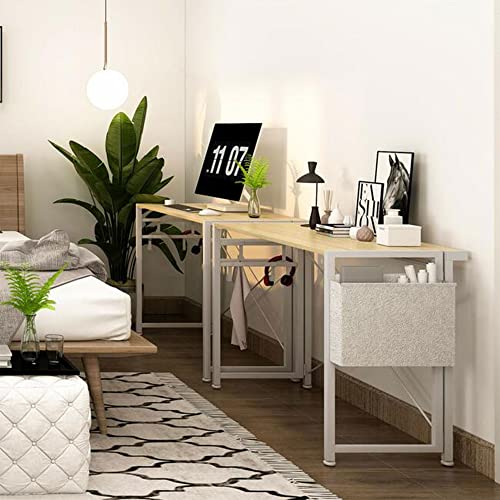 4NM 35.4" Wide Foldable Modern Writing Desk with Fabric Storage Side Catty for Papers and Storage 4 Hooks for Bedroom or Office, White