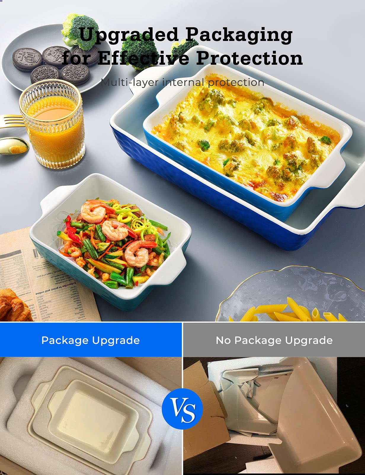 3Pack Ceramic Baking Dish for Oven Large Casserole Baking Dish with Handles Packaging Upgrade Nonstick Ceramic Bakeware for Cooking, Cakes, Lasagna & Gift, Blue