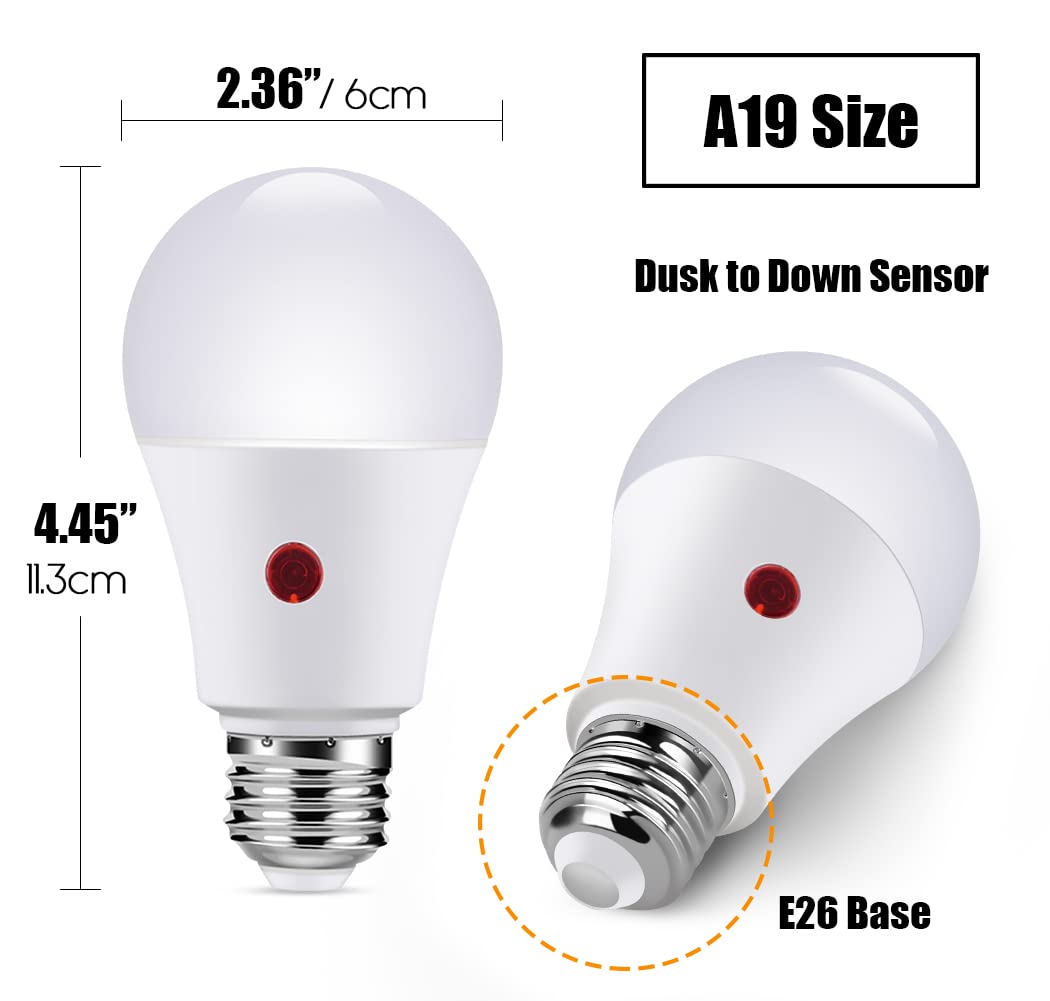 Emotionlite Dusk to Dawn Sensor Light Bulbs Outdoor,Neutral White LED Bulbs, 60 Watt Equivalent, Automatic On/Off, Porch, Patio,Garage, Hallway, Basement, A19 Size, 9W, E26 Medium Base (3 Pack)