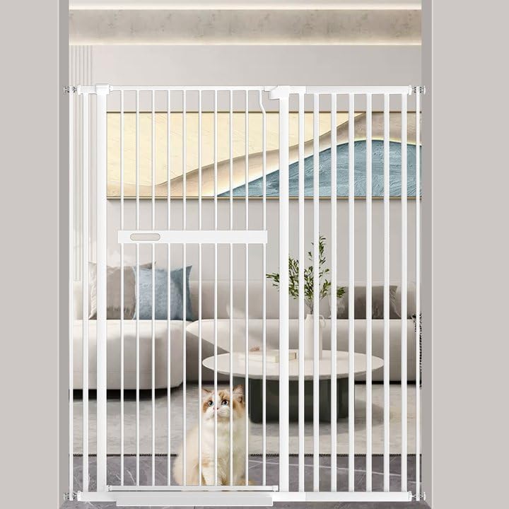 AIKSSOO 55.11" Extra Tall Cat Gate 42.91-45.66" Wide Safety White Metal Gate Pressure Mount Walk Through Swing Auto Close Pet Gate Toddler Dog Pet Cat for Indoor Stairs Doorways Kitchen