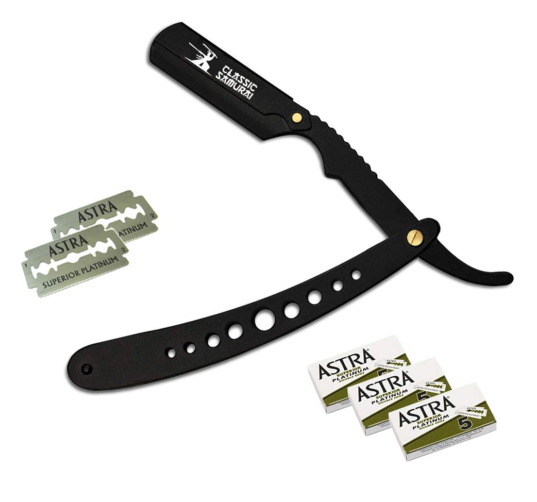 New Ergonomic Design Stainless Steel Professional Folding Straight Edge Barber Razor Shavette Manual Shaver with 15 Astra Double Edge Razor Blades