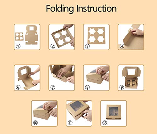 ST.LORIAN 15 Packs Bakery Cupcake Boxes with Window and Inserts 4 Holders,Twine and Stickers,6x6x3 Inch Food Grade Kraft Cookie Boxes for Muffins,Small Cakes,Cupcakes(15 Packs, Kraft)