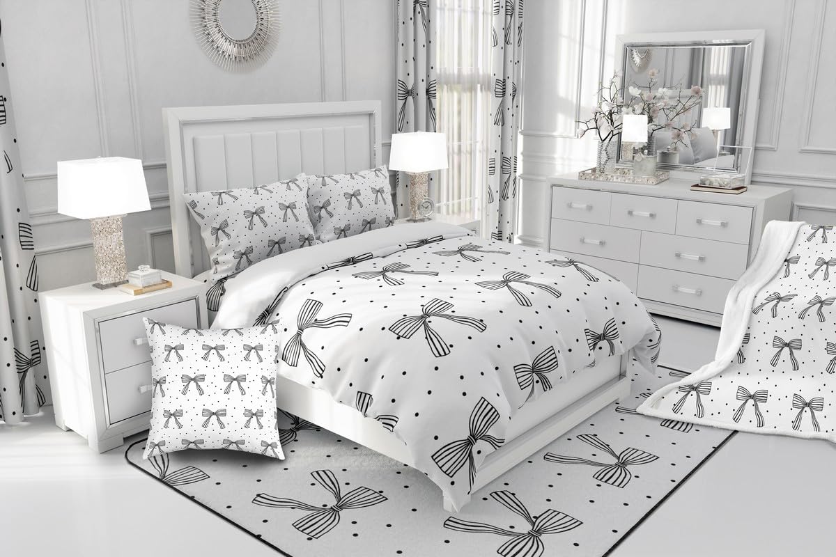 7 Pieces Cute Bowknot Girlish Comforter Full Size,Cartoon Bow-tie Princess Bedding Set,Geometric Dots Zebra Stripes Black White Simple(Comforter+Fitted+Flat Sheet+2 Pillowcases+2 Throw Pillow Covers)