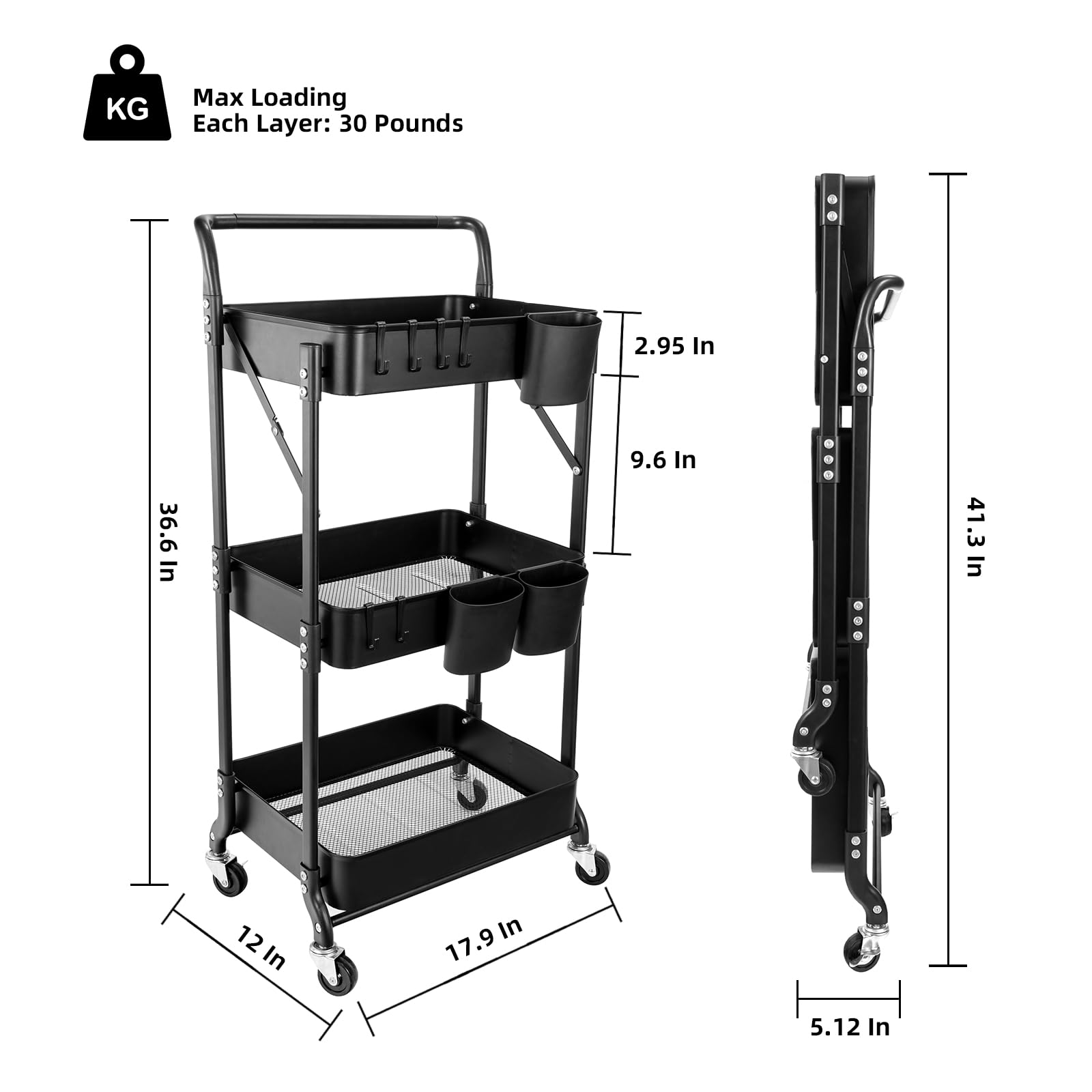 3 Tier Folding Rolling Storage Cart, Foldable Utility Cart with Wheels, Collapsible Rolling Cart Organizer with 3 Hanging Cups & 6 Hooks for Kitchen, Office, Nursery(Black)
