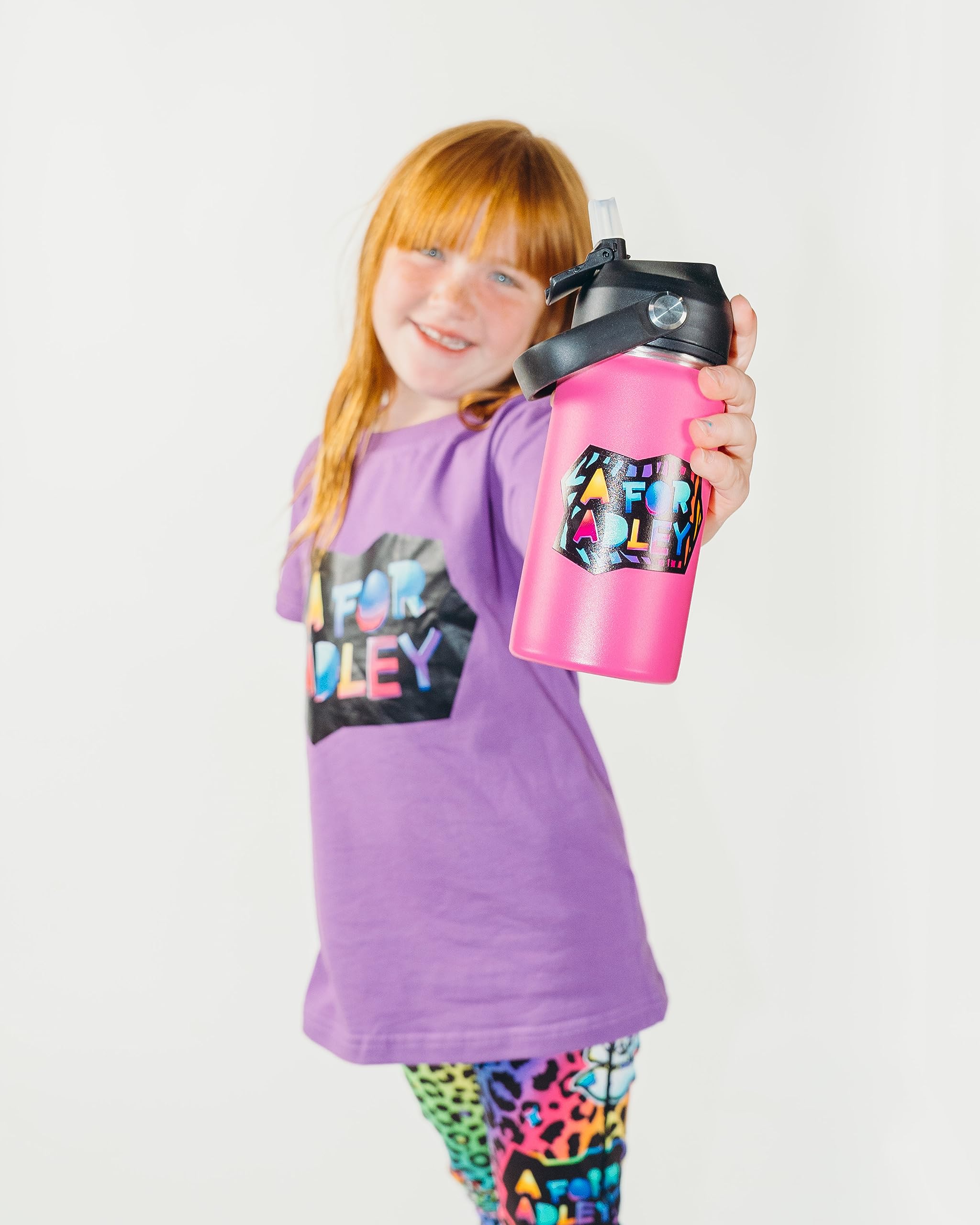 A FOR ADLEY Merch Official Product Adley's Super Cold and Colorful Neon Rainbow Water Bottles For Fun, School, Travel or Anytime You Would Want a Cold Drink (Neon Pink)