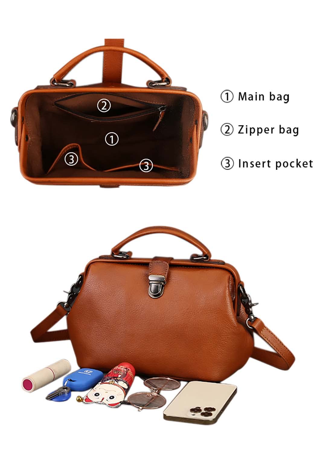 ARCOLAN Women's leather handbag retro Doctor Bag Brown Shoulder bag buckle type women's bag (Brown)