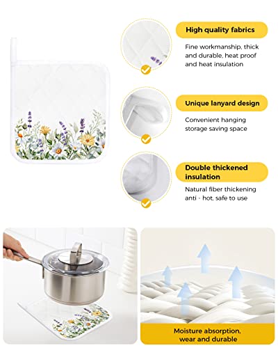 4Pack Pot Holders Cotton Heat Resistant Oven Hot Pads, Daisy Lavender Flowers Potholder Cloth Potholders for Daily Kitchen Baking and Cooking with Hanging Loops - Spring Summer Floral Green Leaves
