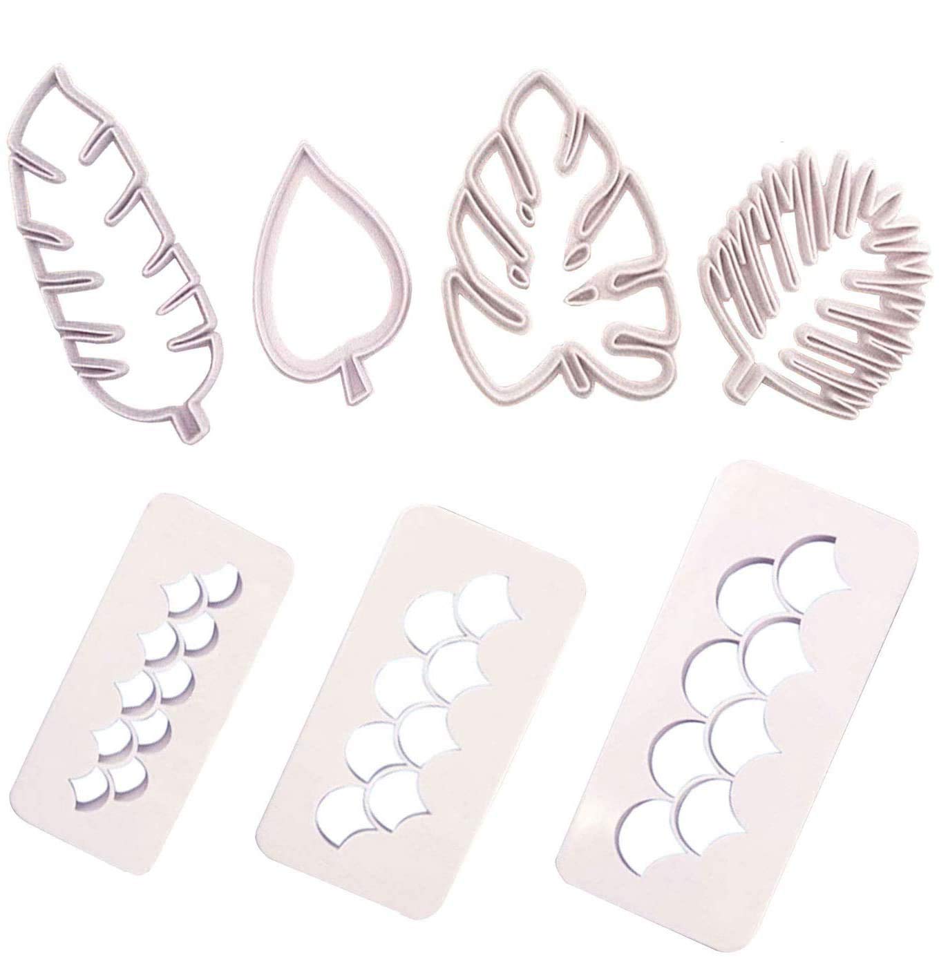 7 Pack Cake Fondant Embossing Mold Mermaid Scales Tropical Leaf Cookie Cutters Biscuit Moulds for Sugarcraft Fondant Baking Mold Cupcake Decorating