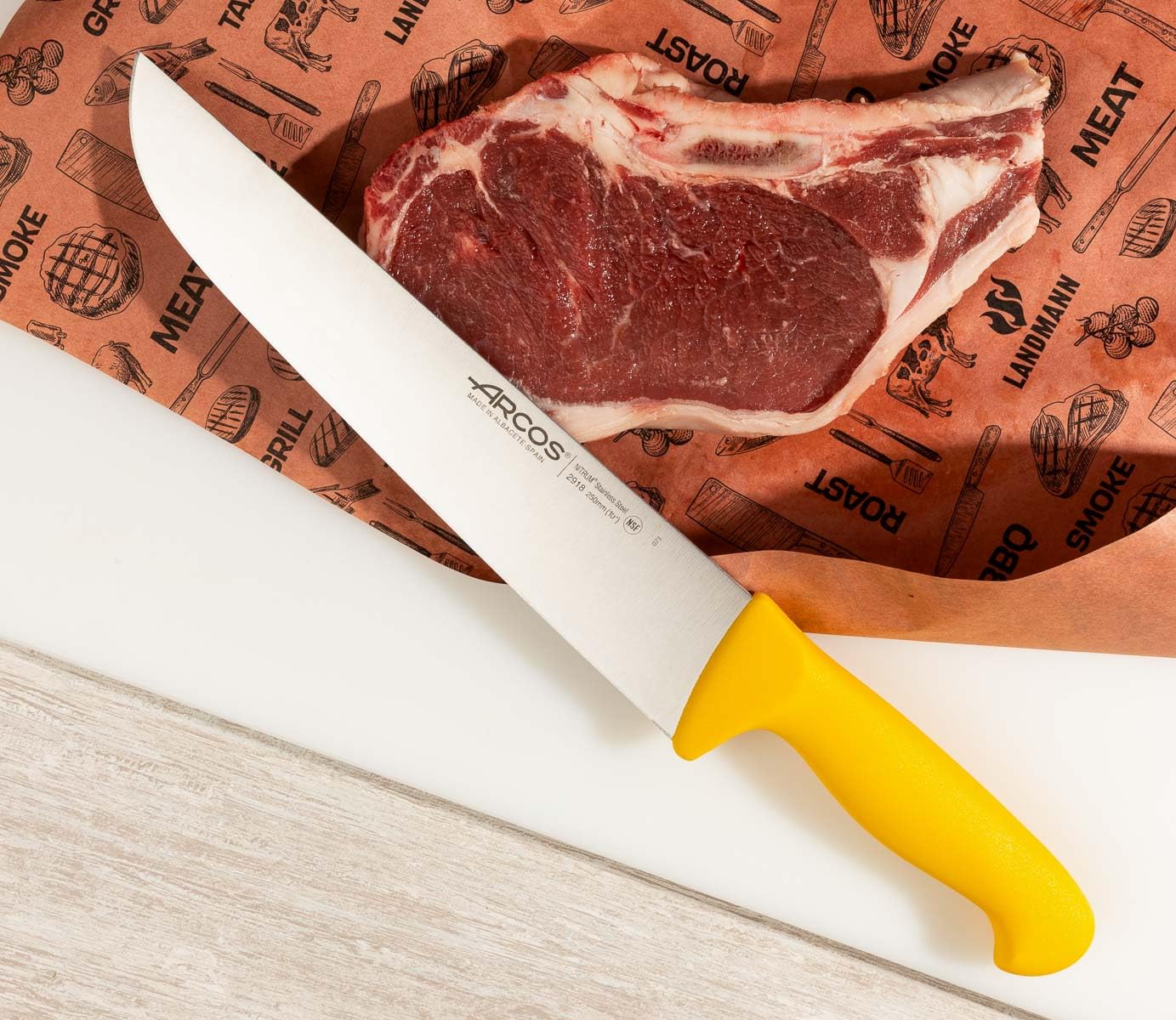ARCOS Butcher Knife 10 Inch Nitrum Stainless Steel and 250 mm blade. Professional Cooking Knife For Cutting Meat, Fish and Vegetables. Ergonomic Polyoxymethylene Handle. Series 2900. Color Yellow