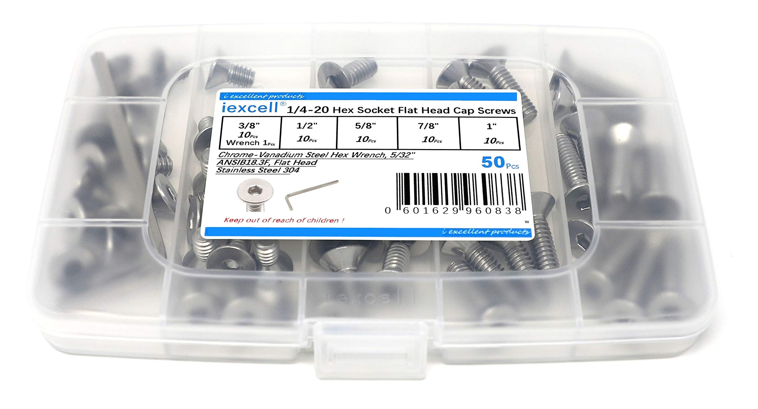 iExcell 50 Pcs 1/4-20 x 3/8" 1/2" 5/8" 7/8" 1" Stainless Steel 304 Hex Socket Flat Head Cap Screws Hex Key Kit