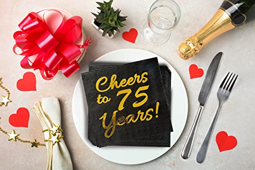 75th Birthday Decorations for Men Women Party Supplies Cocktail Napkins Black Gold 50 Pack,5"x 5" Folded, Cheers to 75 Years!