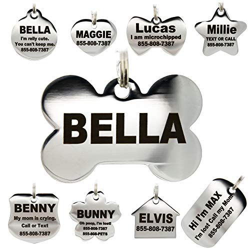 Stainless Steel Pet ID Tags - Engraved Personalized Dog Tags, Cat Tags Front & Back up to 8 Lines of Text ā Bone, Round, Heart, Flower, Badge, House, Star, Rectangle, Bow Tie
