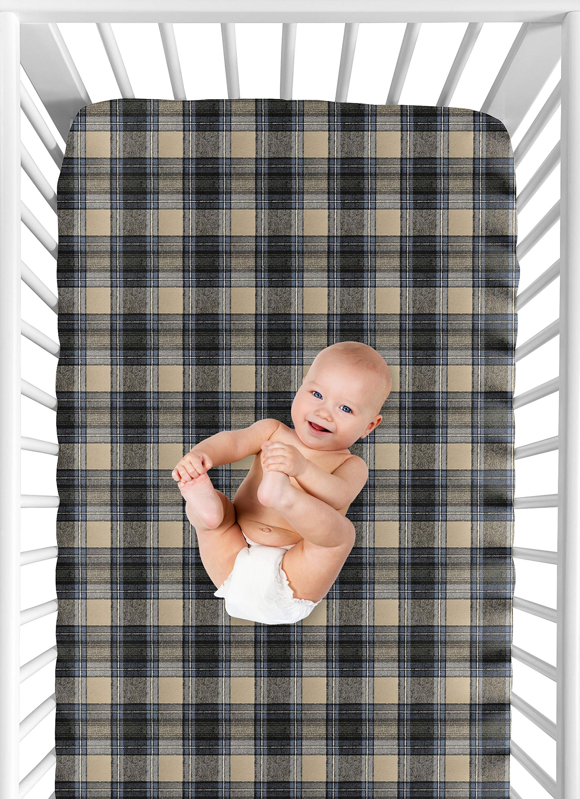 Sweet Jojo Designs Blue and Tan Woodland Plaid Flannel Baby or Toddler Fitted Crib Sheet for Rustic Patch Collection