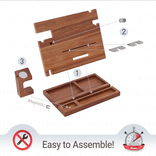 ETERLUCK Wooden Docking Station Men, Nightstand Organizer Bundle w/RFID Blocking Leather Wallet - Charging Station, Cell Phone Stand, Tablet Stand, Husband Gifts from Wife, for Dad - Walnut
