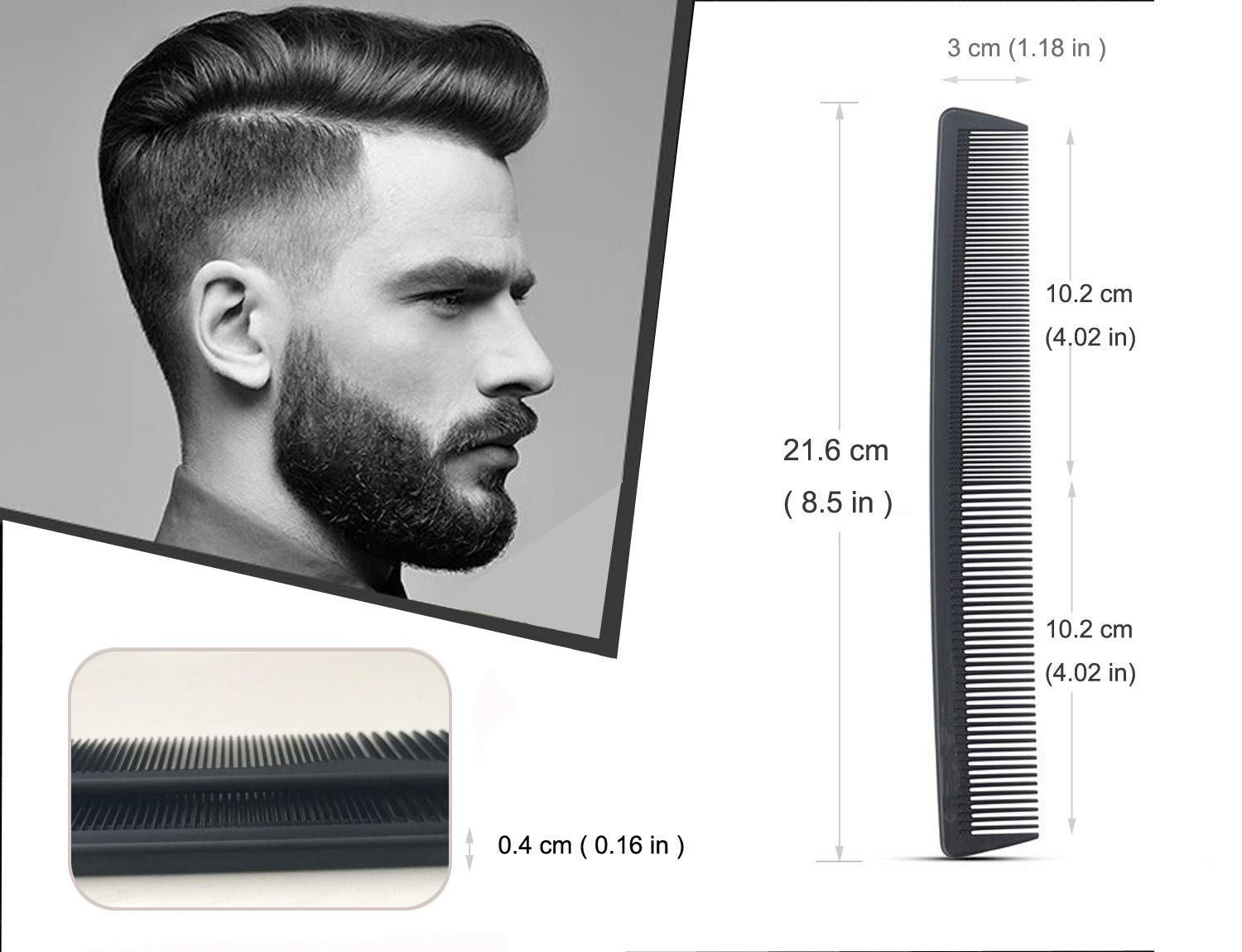 Professional Teasing Comb, Fine and Wide Tooth Hair Barber Comb, Black Carbon Fiber Cutting / Styling / Hairdressing Comb For All Hair Types