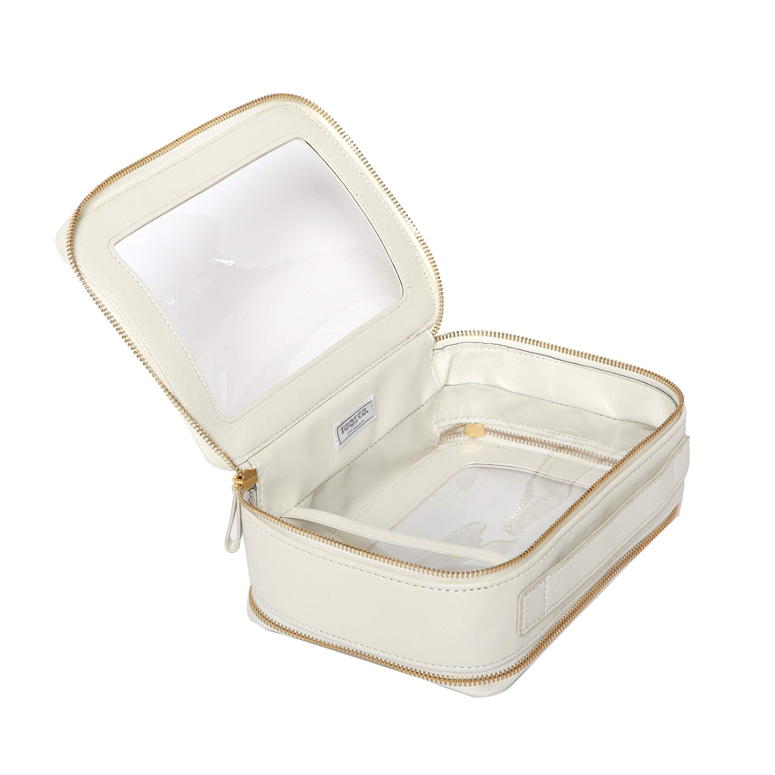 ZOOX Clear Jetset Case, Jumbo Size, 2-Layer Compartments, Chic Cosmetics Makeup Bag for Travel (White Ivory)