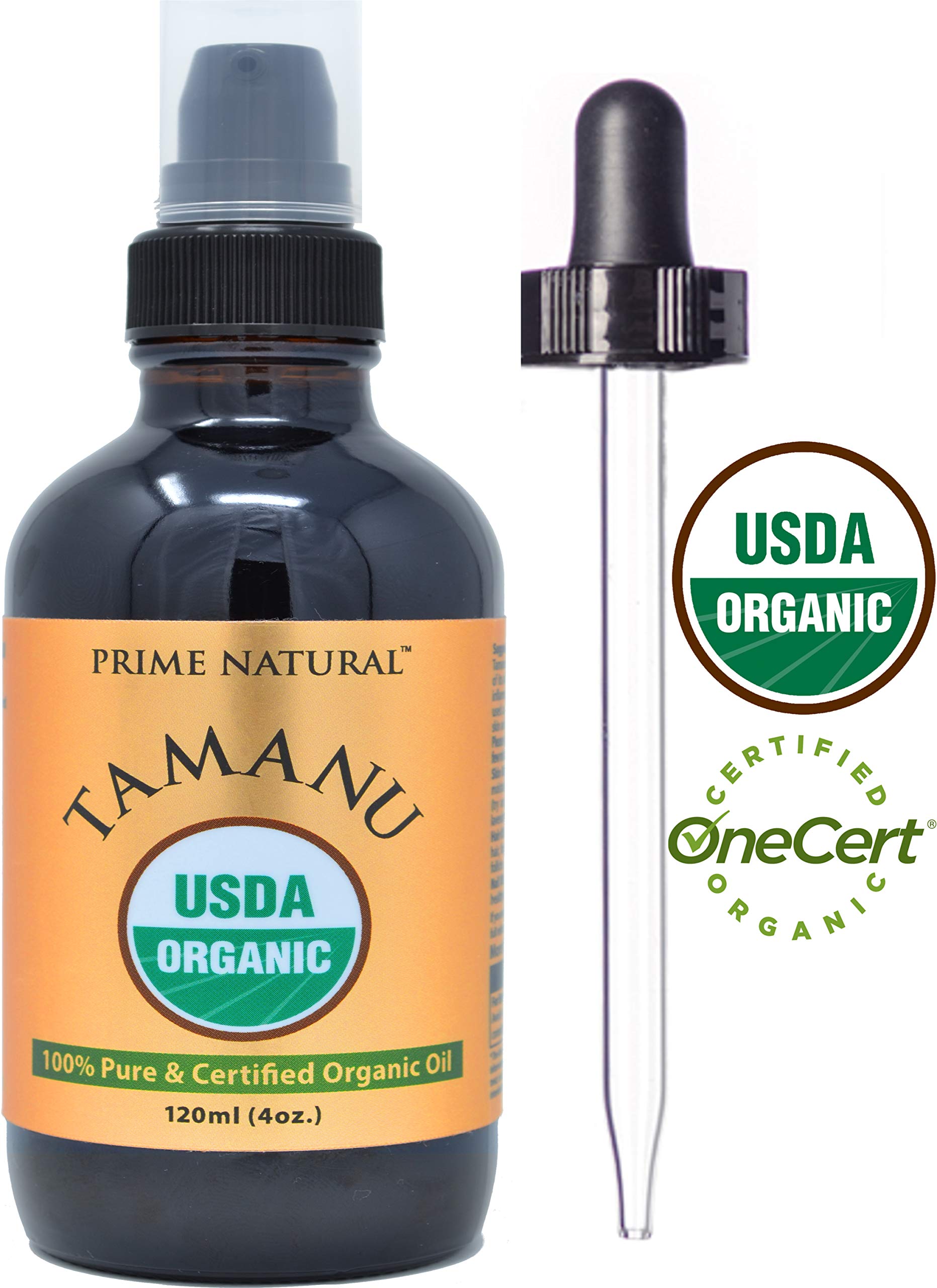 Prime Natural Organic Tamanu Oil - USDA Certified, 100% Pure, Cold Pressed, Unrefined, Virgin (4oz / 120ml) for Face, Hair & Skin Care - Natural Moisturizer